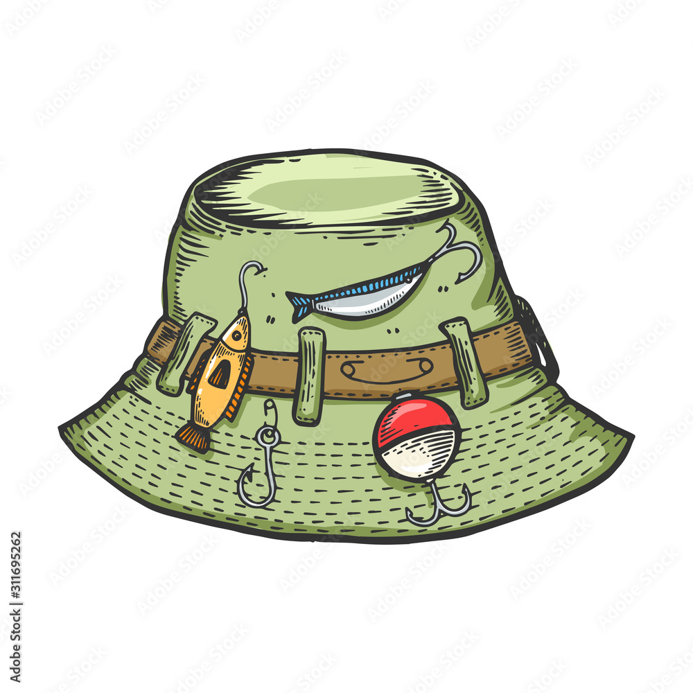 Vetor de Fisherman hat sketch engraving vector illustration. T-shirt ...