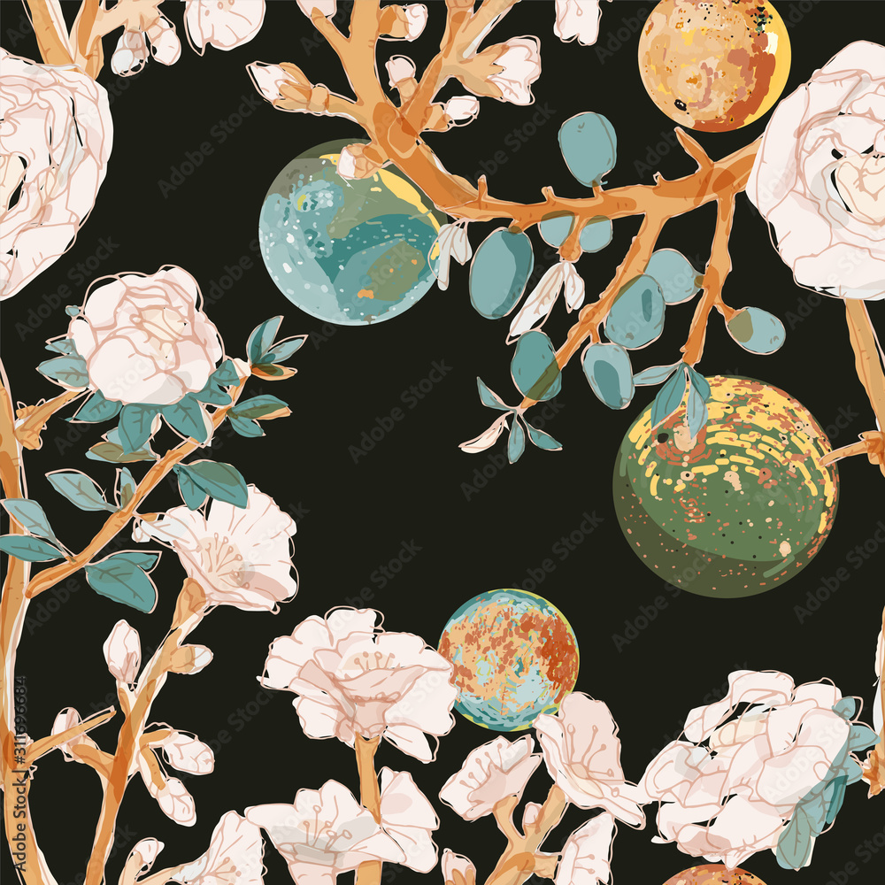Four space planets and branches pink flowers on a endless black ...