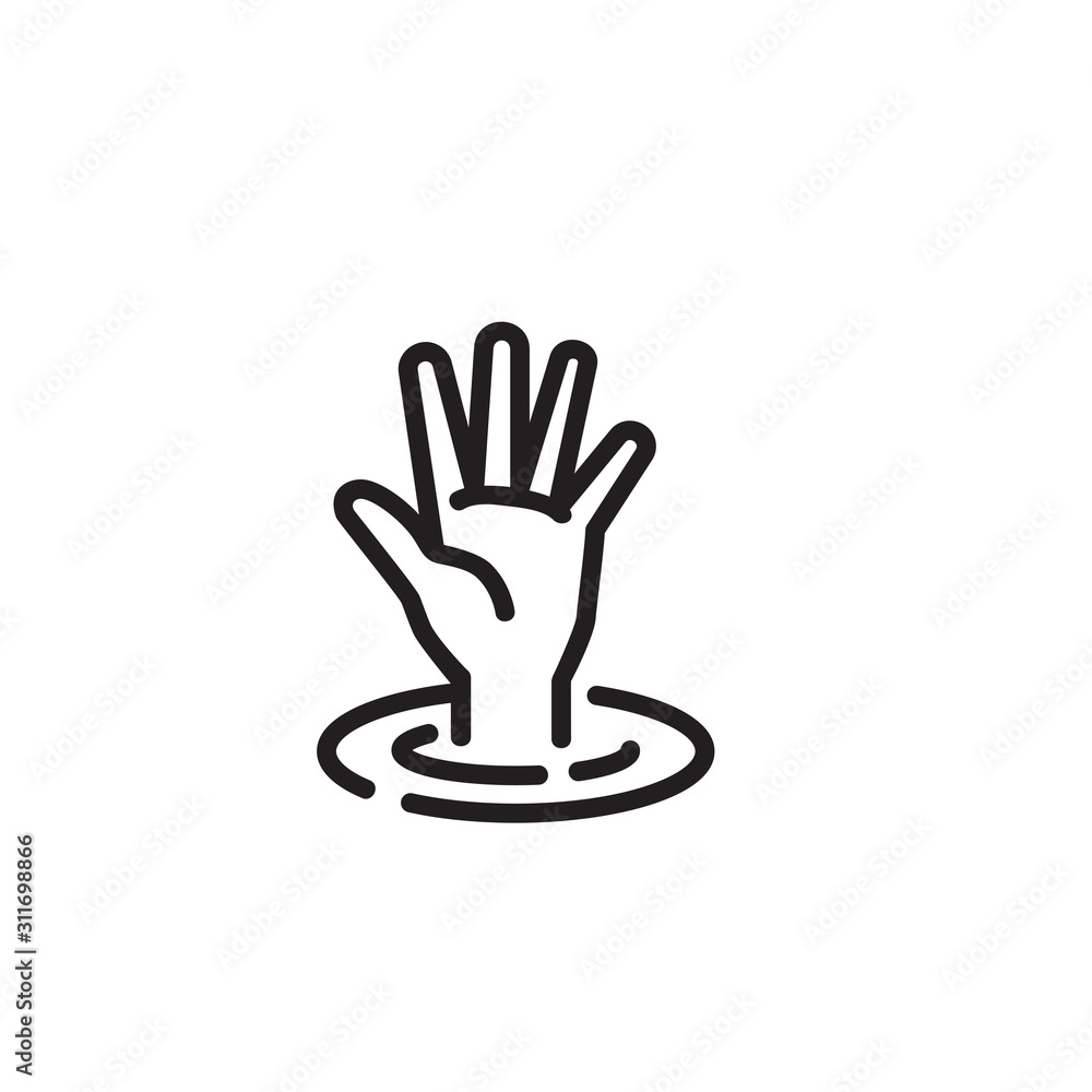 Hand sinking in water thin line icon. Drowning victim isolated outline ...