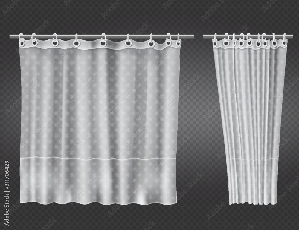 White clear shower curtains with flowers pattern isolated on ...