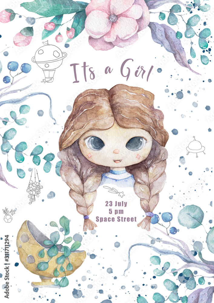 Cute watercolor romantic girl with brown hair on flowers in head and ...