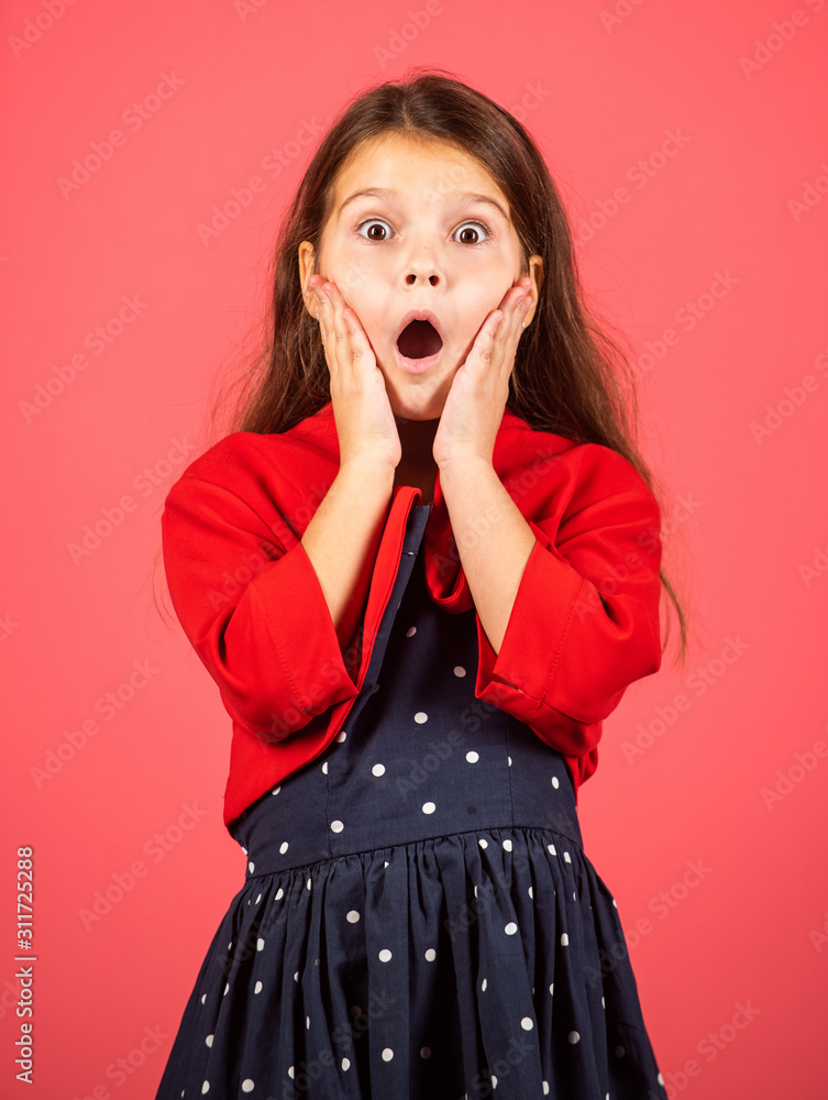Make wow happen now. Surprised child. Little girl open mouth with ...