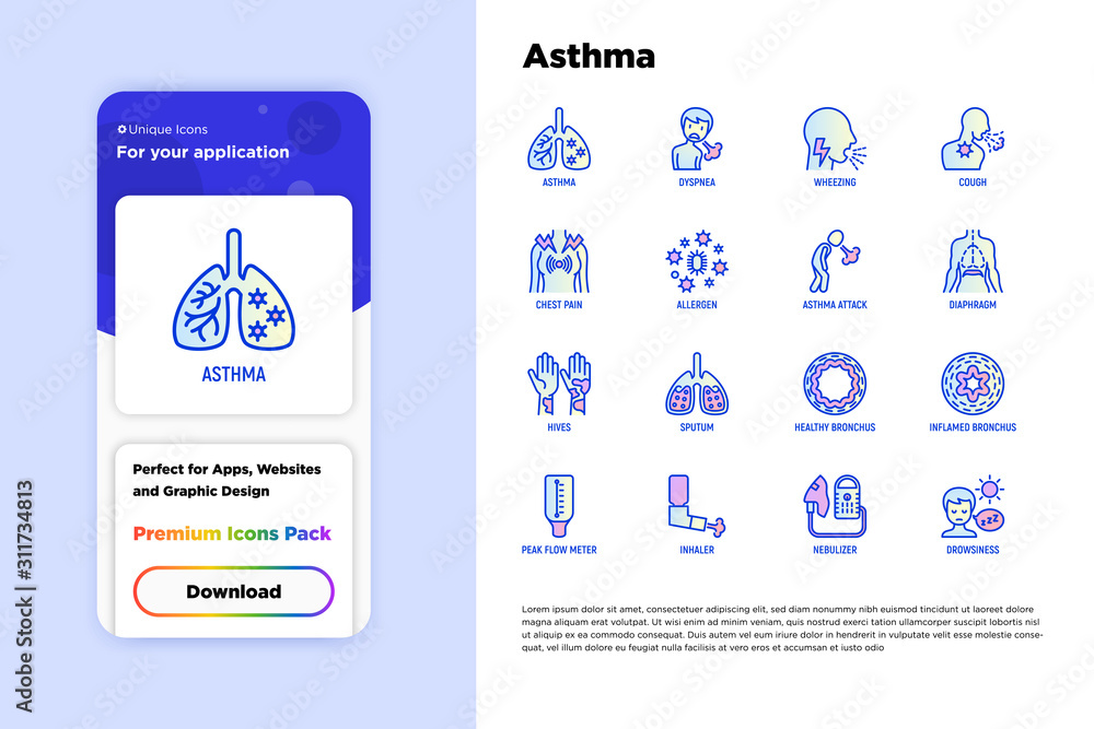 Asthma thin line icons set: allergen, dyspnea, cough, wheezing, chest ...