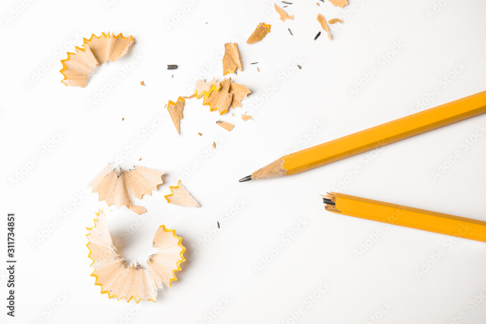 Broken pencil and shavings on white background, top view Stock Photo ...