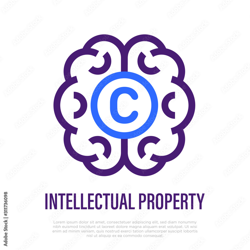 Intellectual property thin line icon. Brain with copyright symbol. Idea ...