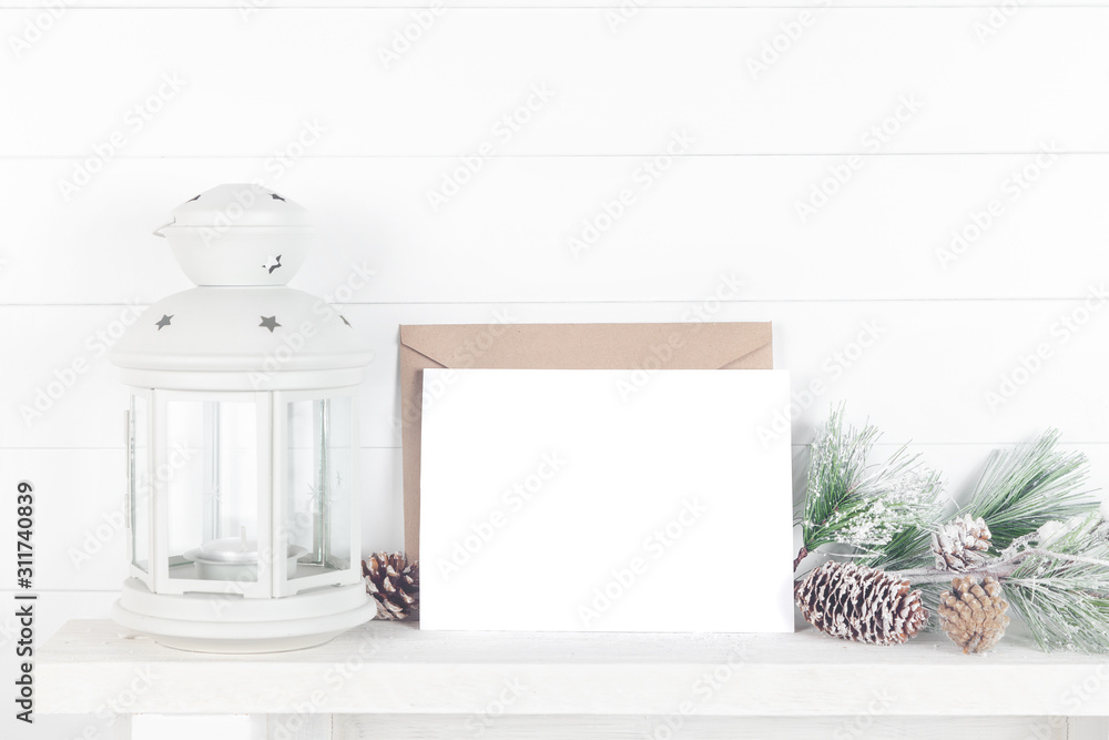 horizontal Invitation Mock up on White Background with Fir Branch and ...