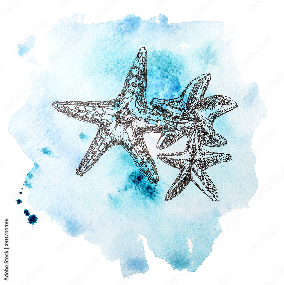 Watercolor abstract blue stain and ink hand painted graphic sea ...
