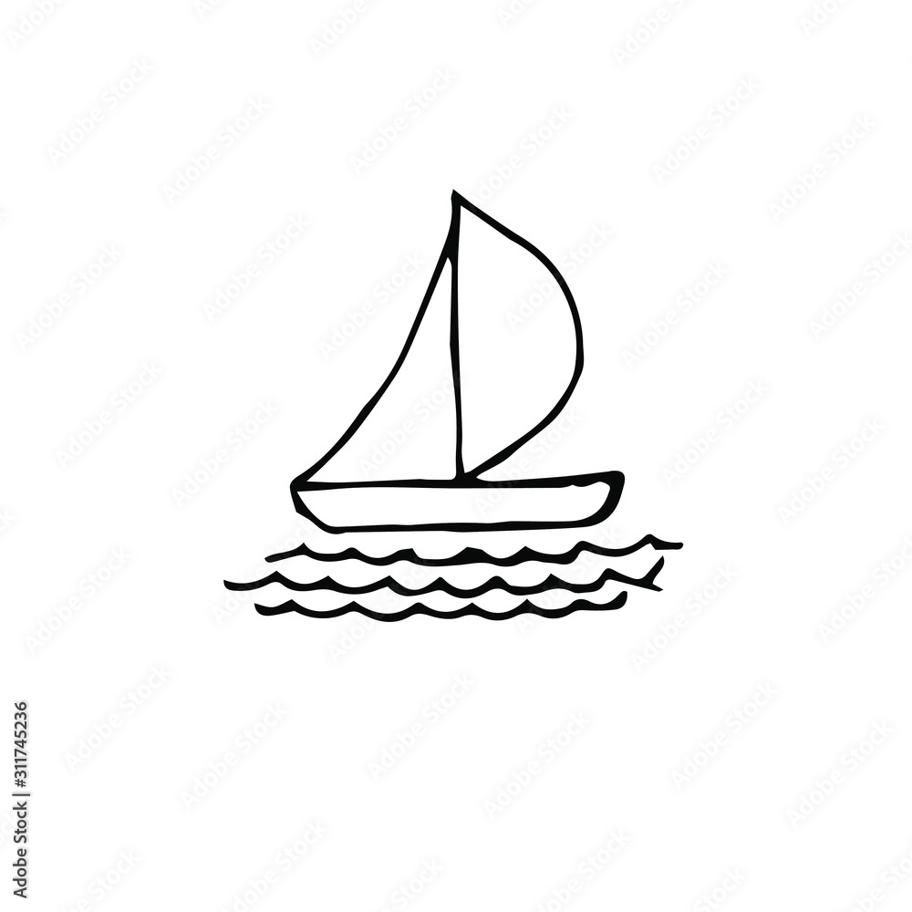 Ship monochrome icon. Ink hand drawn cartoons siling ship on wave ...