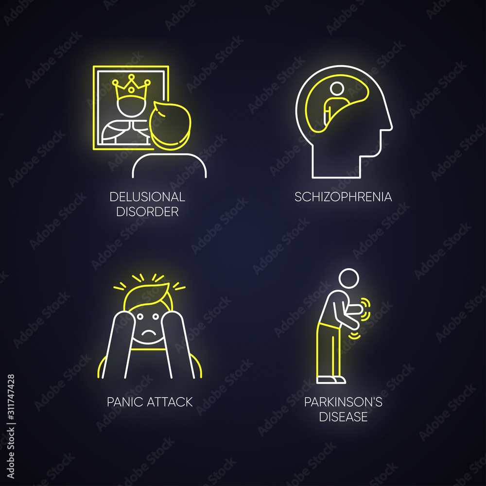 Mental disorder neon light icons set. Delusional person. Schizophrenia ...