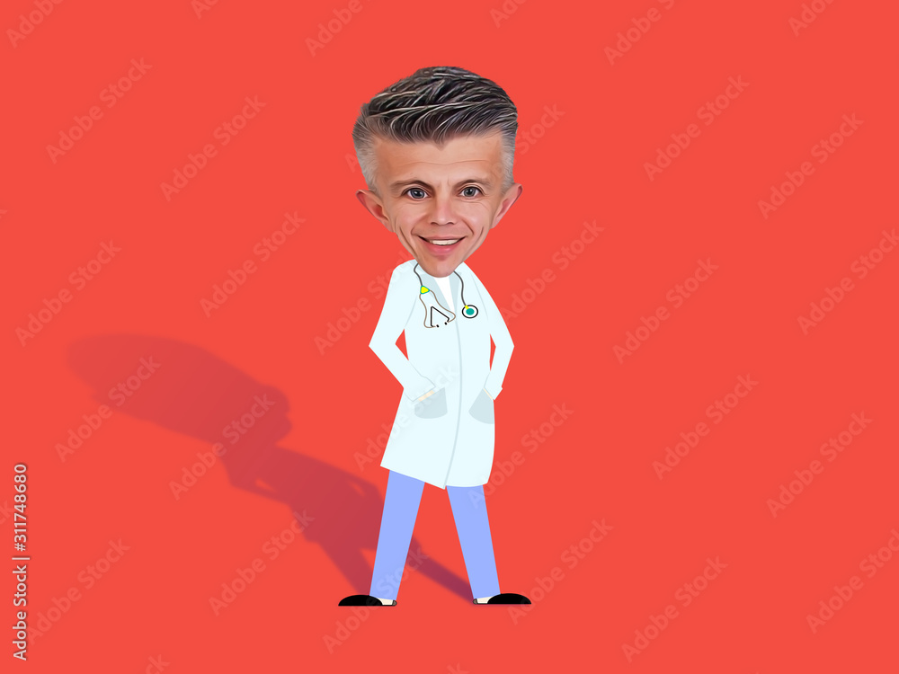 Caricature doctor man. Cartoon style body with real human big head in ...