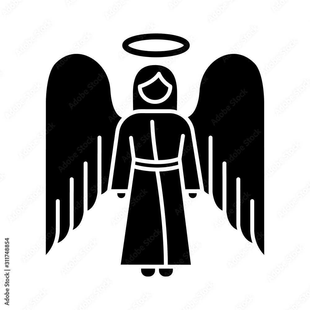 Angel glyph icon. Biblical archangel. Human figure in robe with wings ...