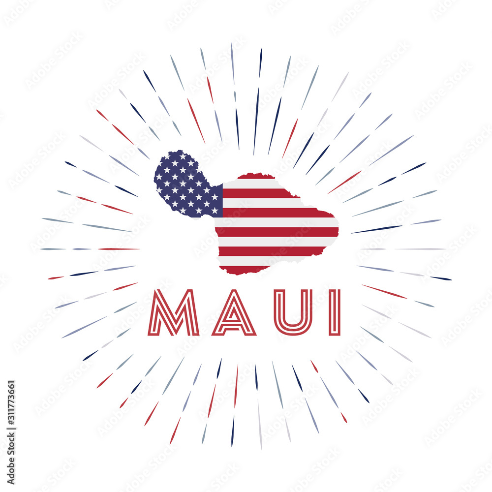 Maui sunburst badge. The island sign with map of Maui with American ...