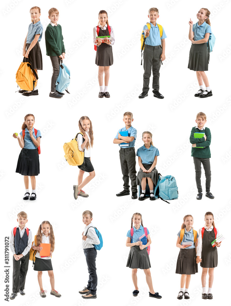 Collage with cute little pupils in different school uniforms on white ...