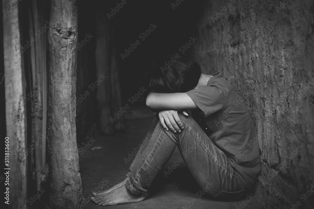 Stop violence and abused children. traumatized children concept. black ...