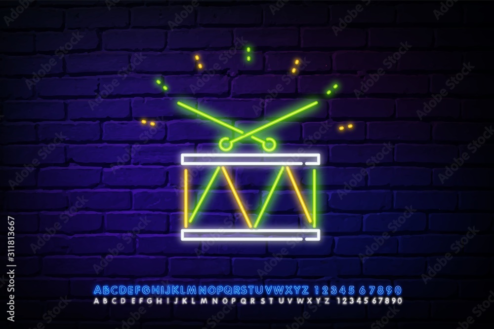 Beating drum neon sign. White drum with green neon sticks and melody ...
