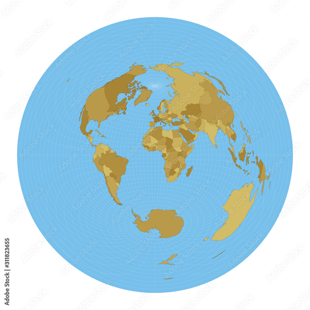 World Map. Azimuthal equidistant projection. Map of the world with ...