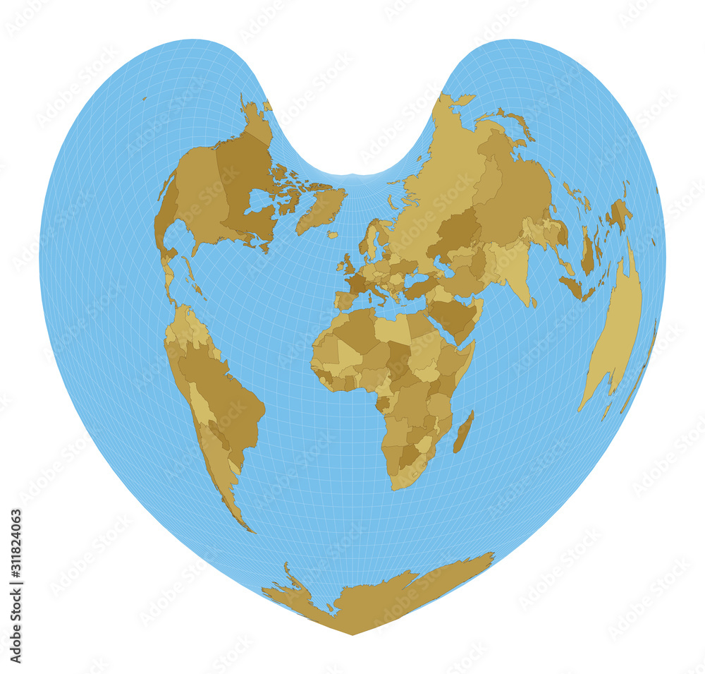 World Map. Bonne pseudoconical equal-area projection. Map of the world ...