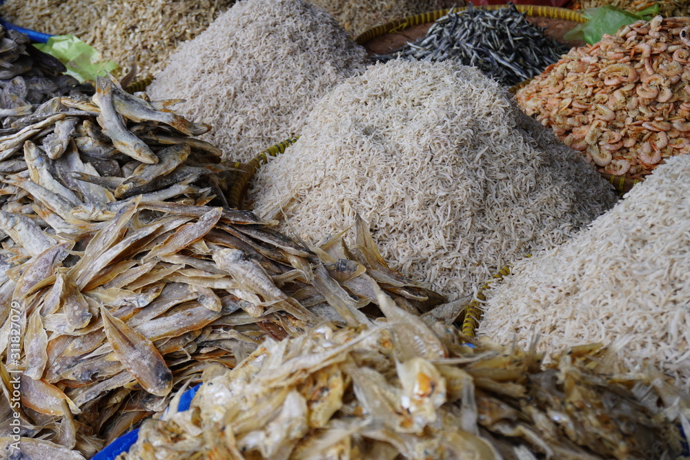 Local stall that selling preserved salted fish and shrimp at Samosir ...