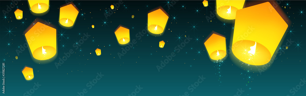 Sky lanterns floating in night sky. Cartoon style. Horizontal poster ...