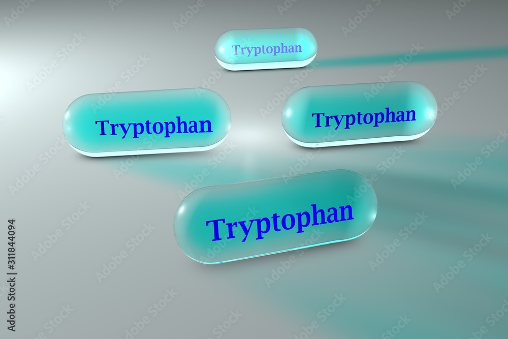Light blue tryptophan capsules. Tryptophan is an essential amino acid ...