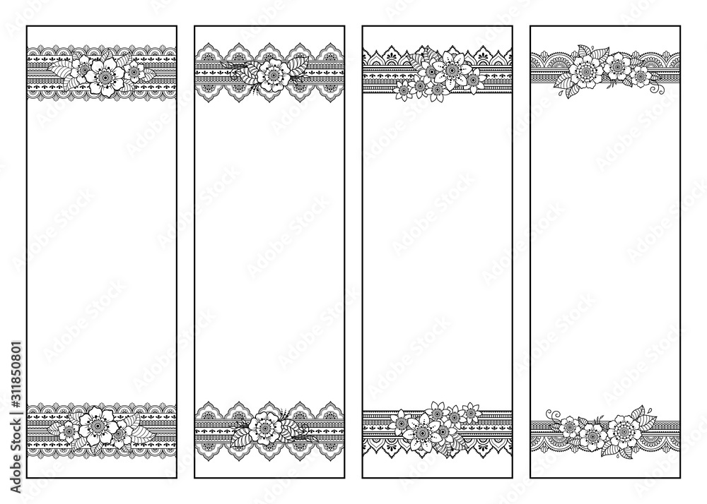 Bookmark for book - coloring. Set of black and white labels with floral ...