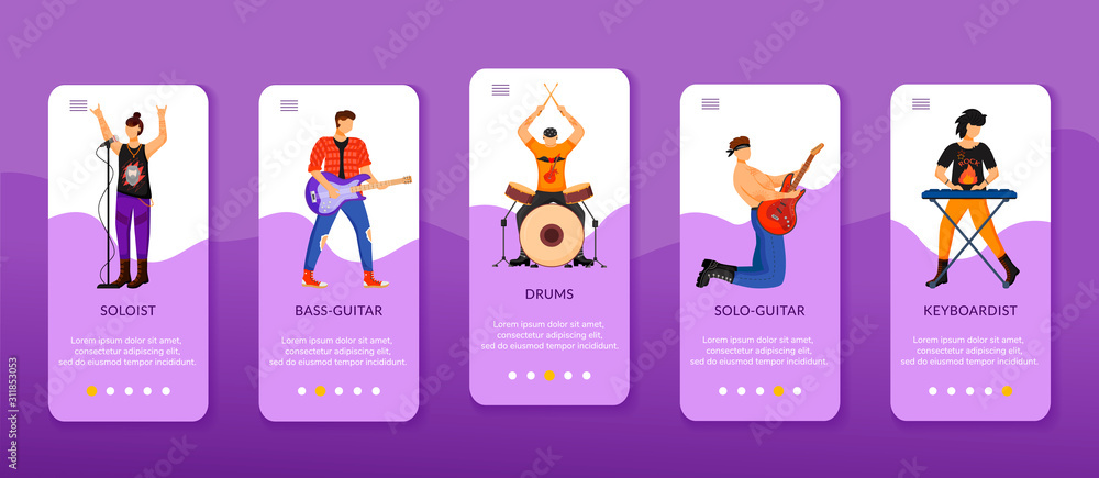 Rock musicians onboarding mobile app screen vector template. Soloist ...