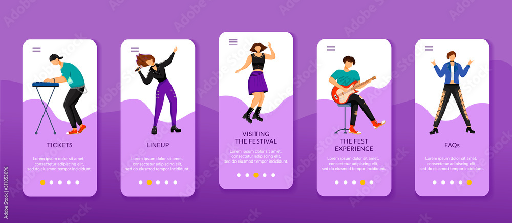 Festival information onboarding mobile app screen vector template ...