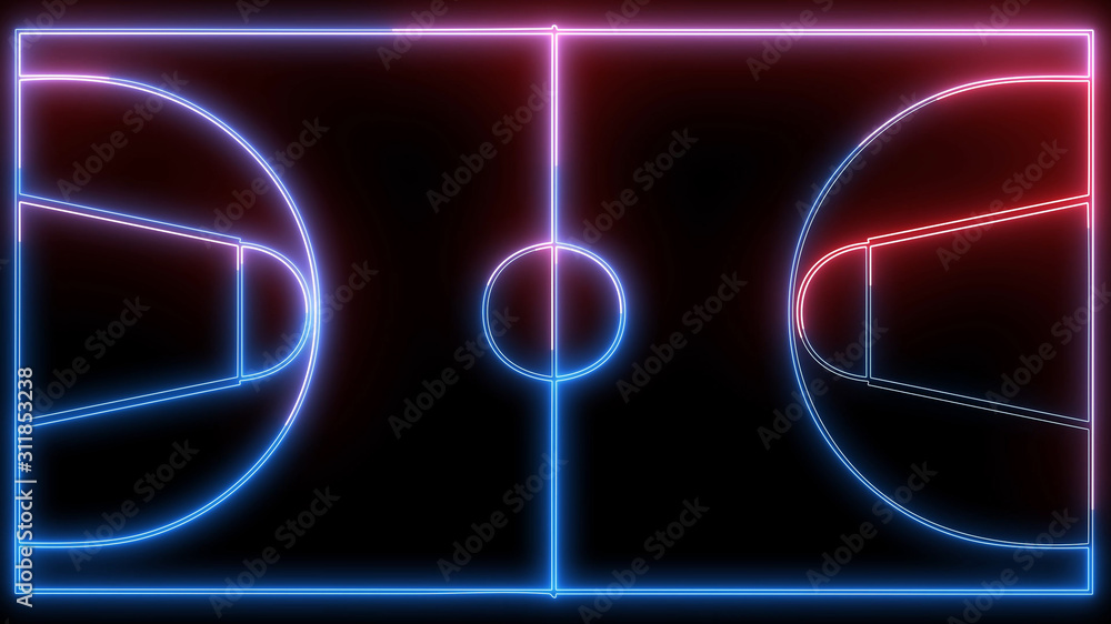 Neon, shiny glowing outline of Basketball court. Sport concept, area of ...