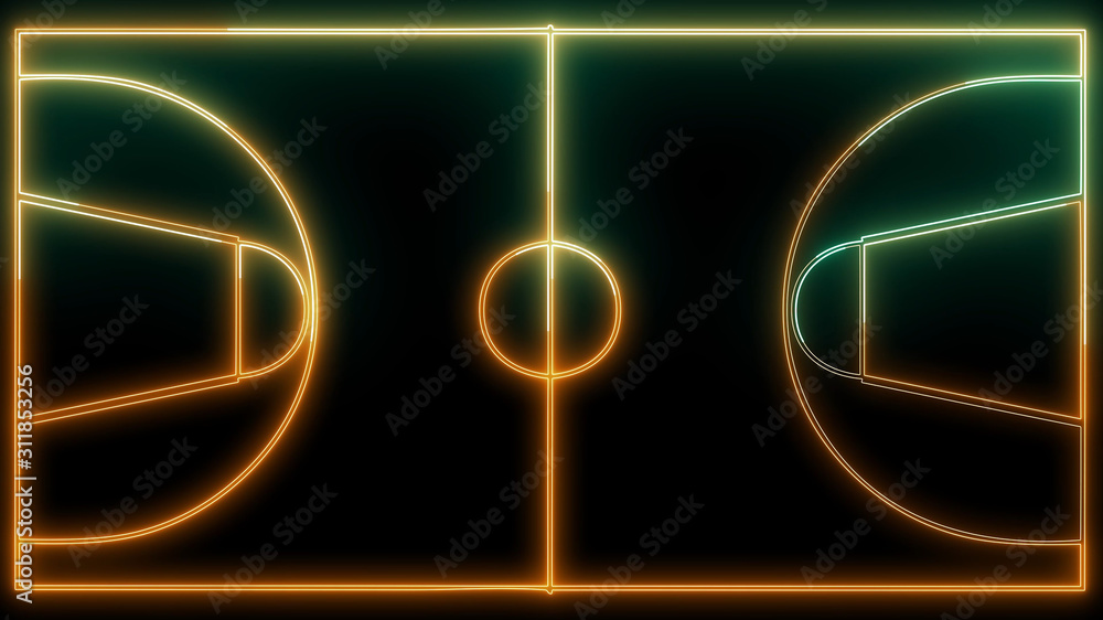 Neon, shiny glowing outline of Basketball court. Sport concept, area of ...