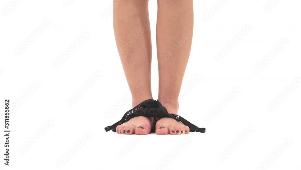 Woman getting undress, black lace panties falling down, underwear drops ...
