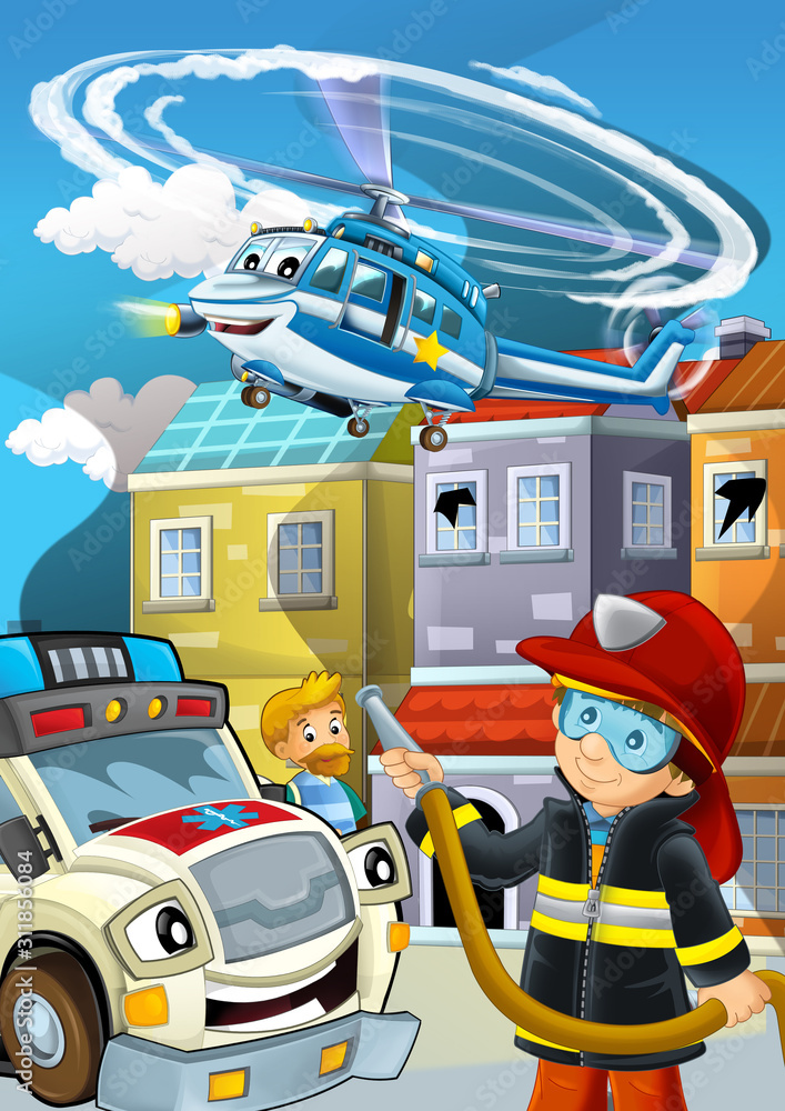 cartoon stage with fireman fire fighting near some building smoking ...