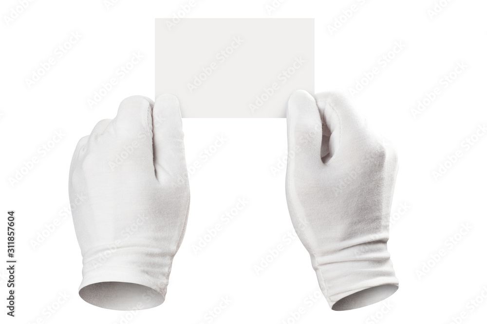 White gloves holding a blank card or a ticket/flyer, isolated on white ...