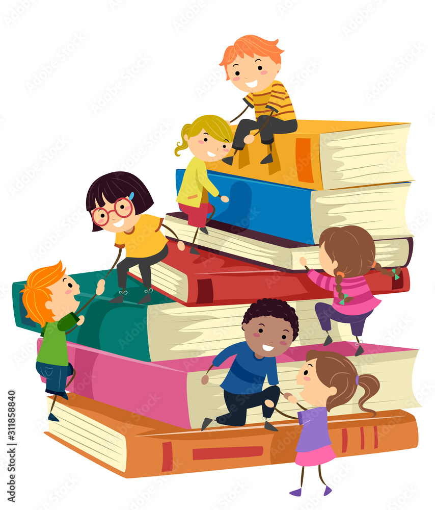 Stickman Kids Help Another Up Books Illustration Stock Vector | Adobe Stock