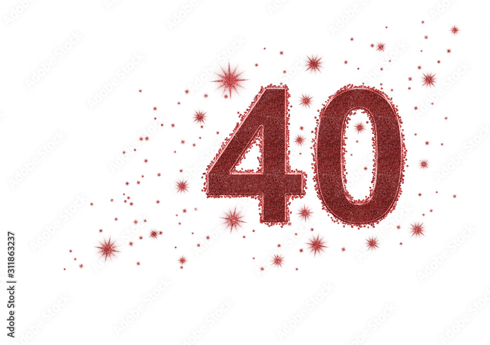 40, forty number in red with glitter and golden stars, isolated on ...