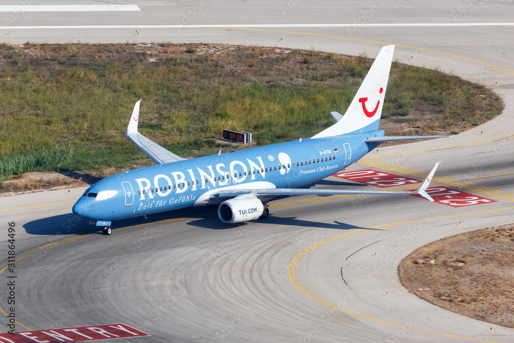 TUI Boeing 737 airplane Rhodes airport Robinson special livery Stock ...