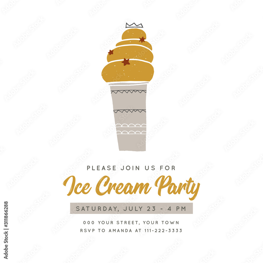 Ice Cream party invitation template with vector illustration. Big hand ...