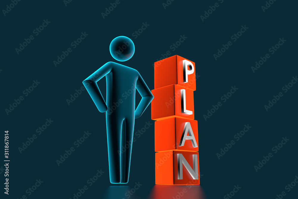 3d people - man, person and a cubes with word plan. 3d man with plan ...