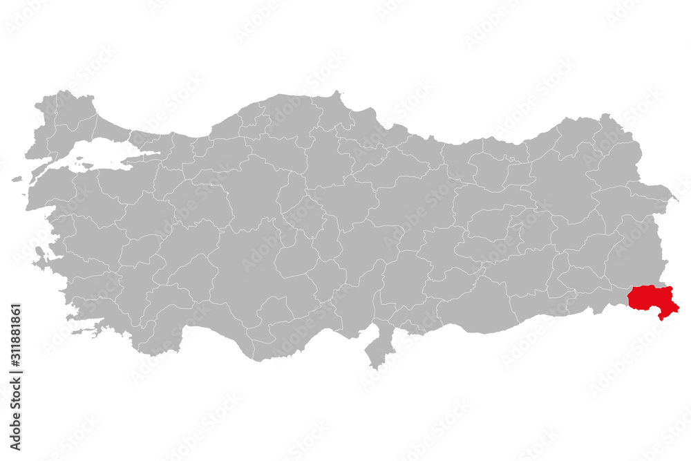 Hakkari province highlighted red color on turkey political map vector ...