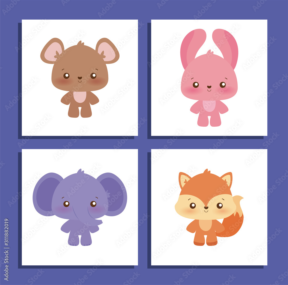 Cute kawaii bear rabbit elephant and fox cartoons vector design Stock ...