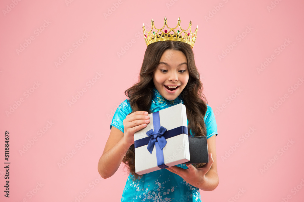 Kid wear golden crown symbol of glory. Beauty pageant. Little princess ...