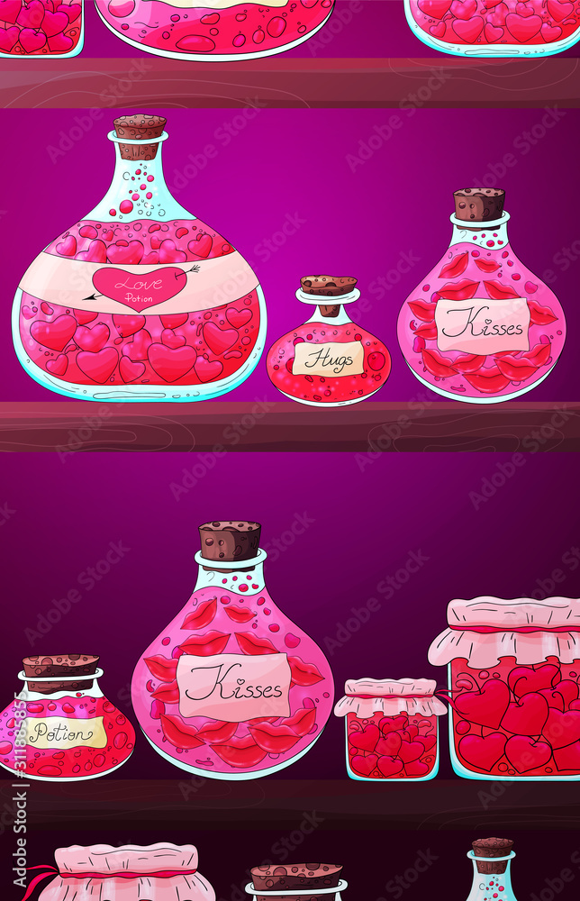 Potion bottles, jars on shelf. Collection of many types liquid elixir ...