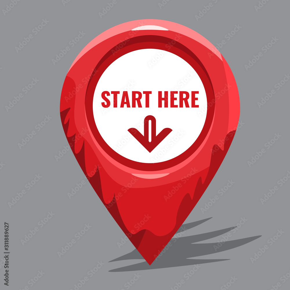 Start here slogan on map pin and arrow showing here. Hand drawn cartoon ...