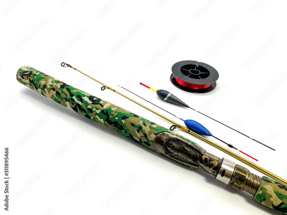 Fishing rod, floats and fishing line isolated on white background. The ...
