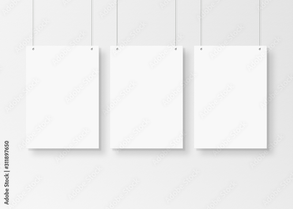 White poster isolated hanging by strings on wall mockup 3D rendering ...