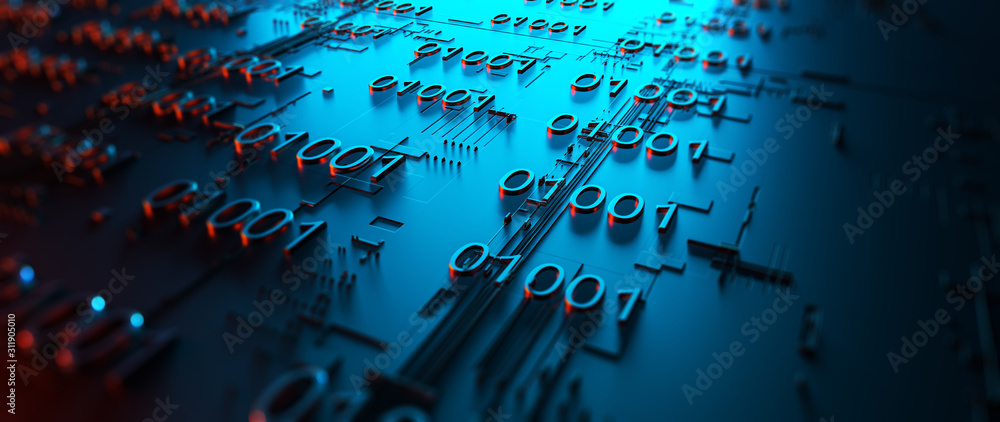 Abstraction Illustration Binary Code Strings Are Processed By The Computers Motherboard