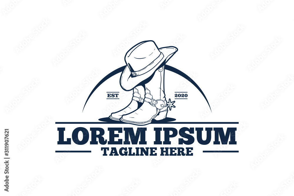 Black and white color western theme cowboy boots with hat vector logo ...