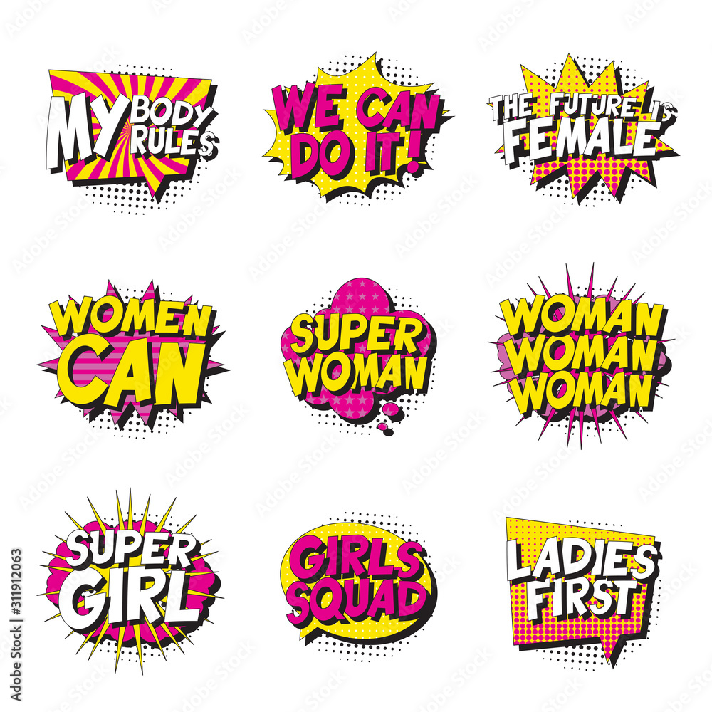 set of feminist slogans in retro pop art style in comic speech bubble ...
