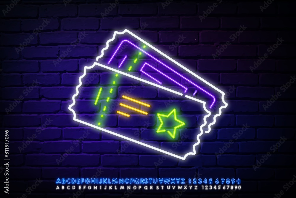 Tickets neon icon. Cards shape with stars and Ticket lettering on brick ...
