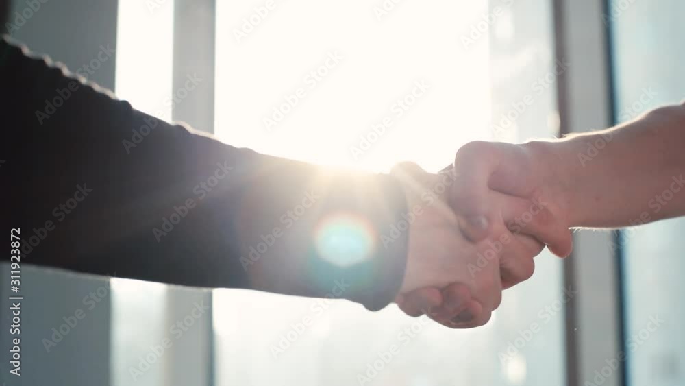 Close-up of two businessmen shaking hands in the office against the ...