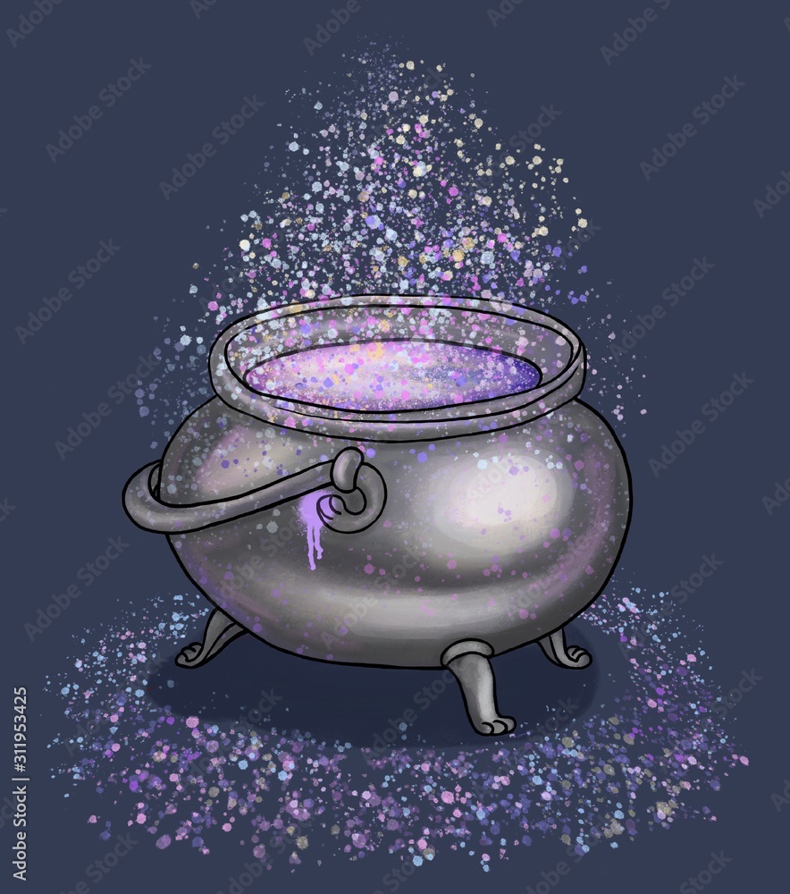 Wizard potion cauldron. Raster graphics. Isolated on a purple ...